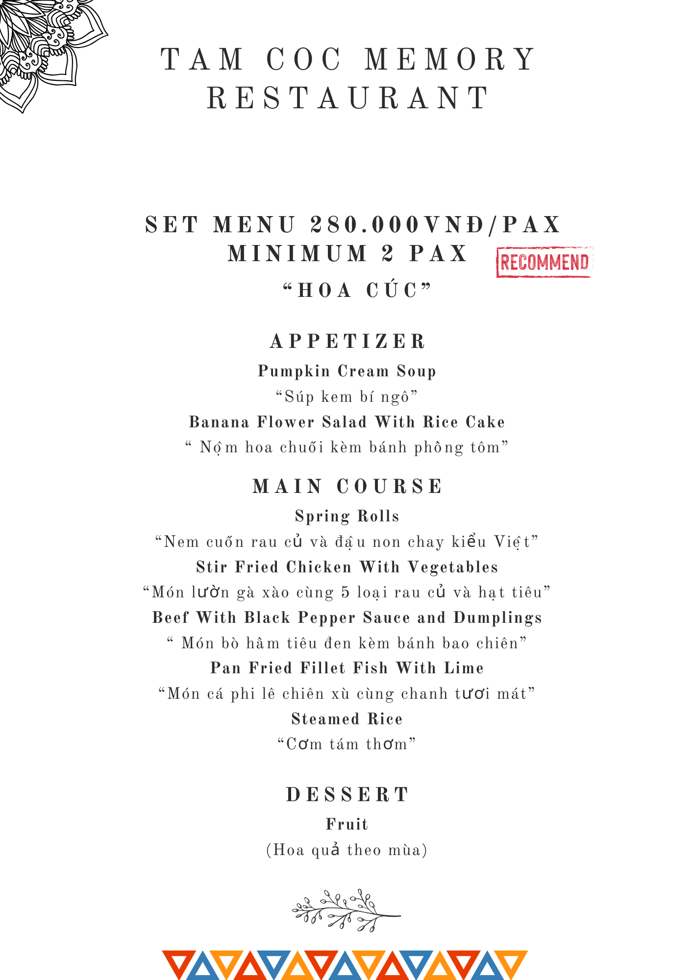 MENU ENGLISH – Tam Coc Memory Restaurant