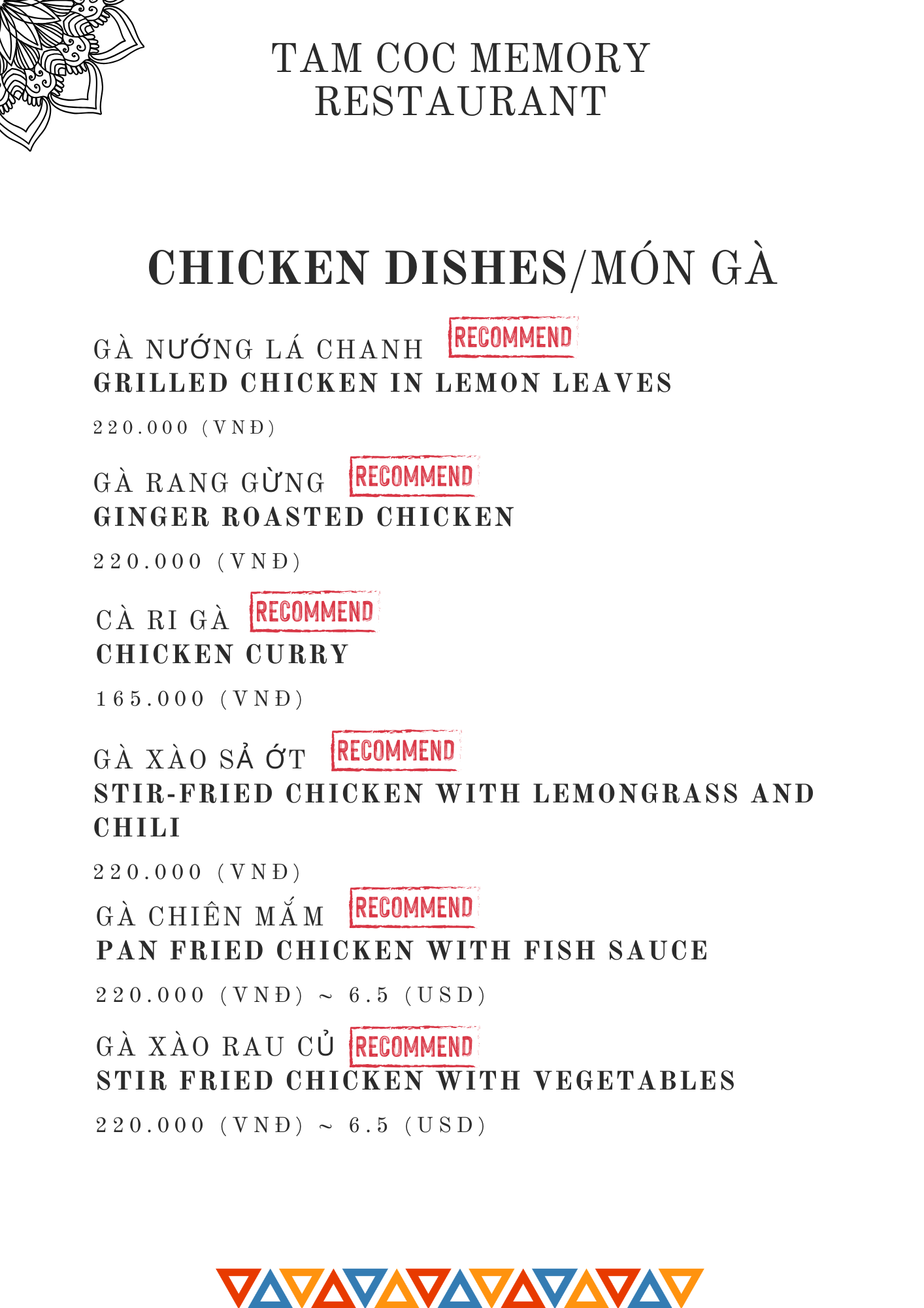 MENU ENGLISH – Tam Coc Memory Restaurant