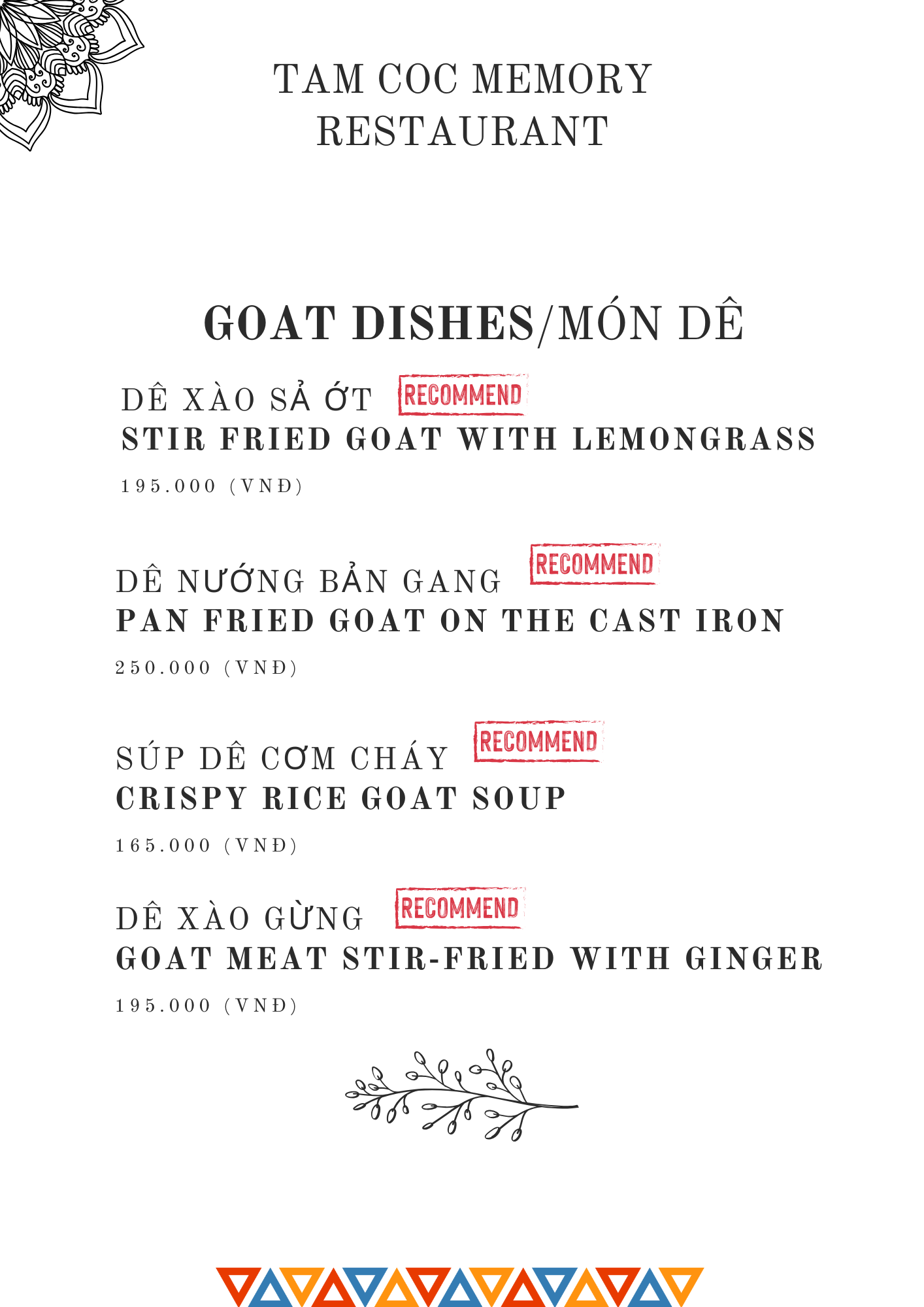 MENU ENGLISH – Tam Coc Memory Restaurant