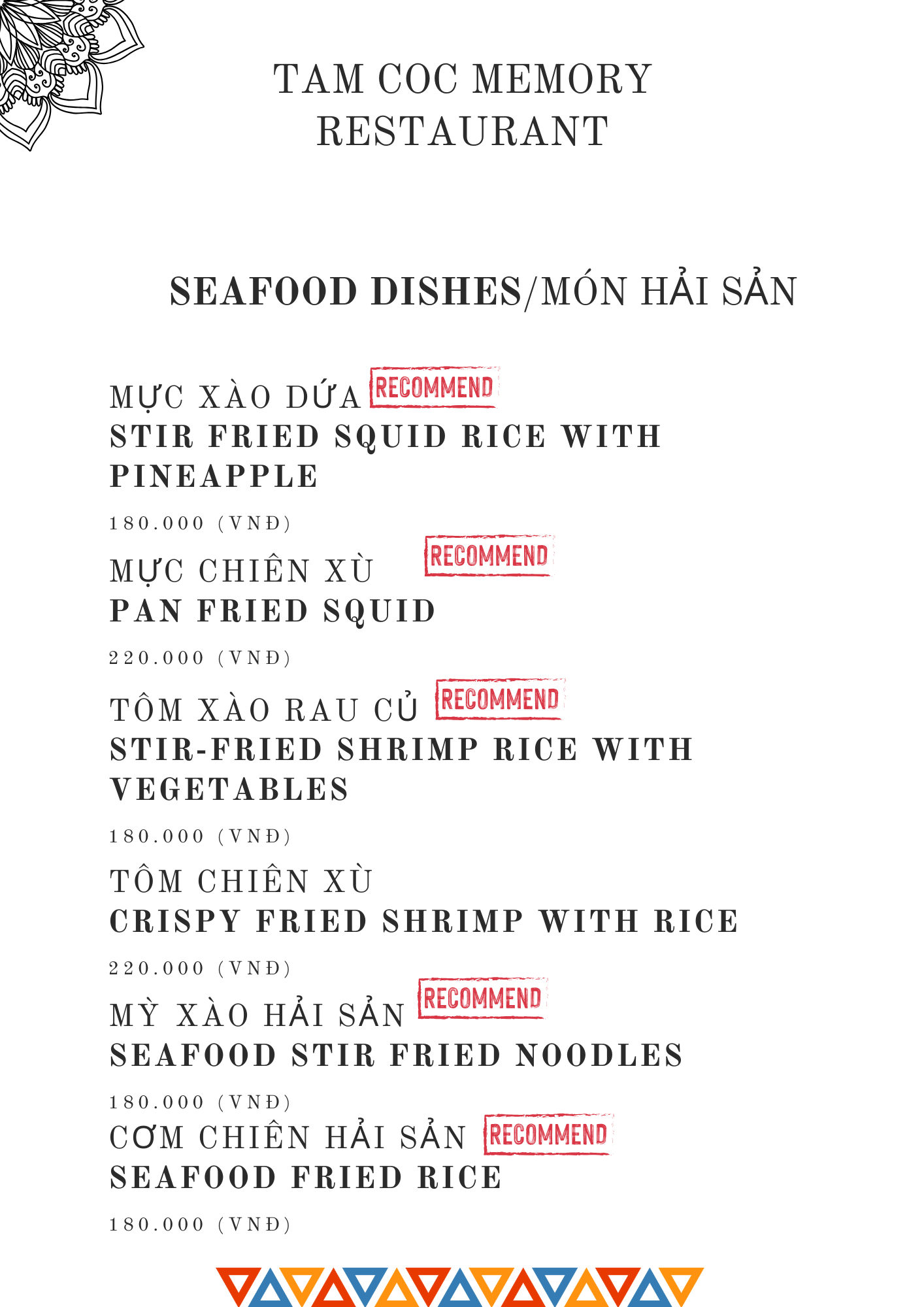 MENU ENGLISH – Tam Coc Memory Restaurant